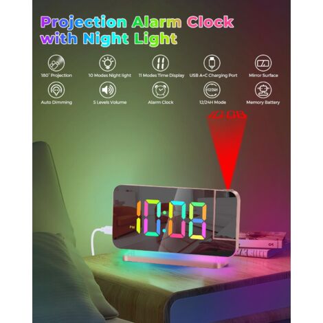 Projection Alarm Clock,7.4 in LED Mirror Digital Clocks Projection on ...