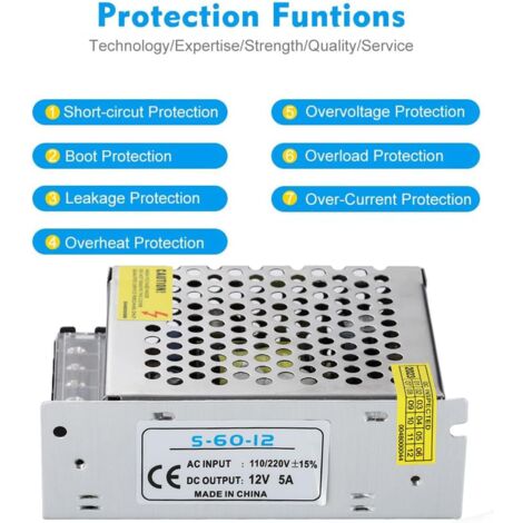 1PC Adaptateur d'alimentation 12V 5A 60W, transformateur de commutation régulé universel AC 110V ...