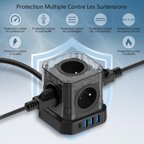 Multiprise (16A/4000W) 5 prises françaises avec 3 ports USB et 1 port ...