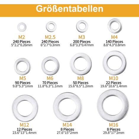 1080PCS Rondelles de calage 11 tailles A2-70 en acier inoxydable ...
