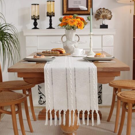 Chemin de Table Style Maison de Campagne avec Pompons Rustique Blanc 33 ...