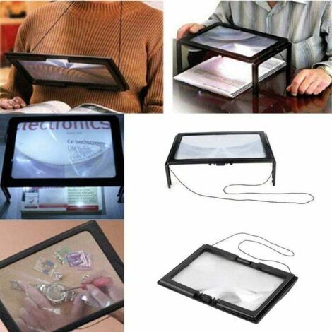 Loupe de lecture pleine page Grande loupe rectangulaire à main avec 4 lumières LED Loupe 3X pour ...