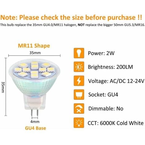 MR11 GU4 LED 2W Blanc Froid 6000k, 120° 200LM, Halogène MR11 10W 20W Équivalent, AC DC 24V 12V ...