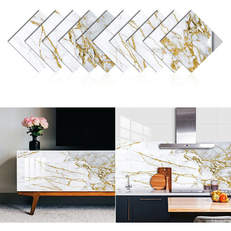 AlwaysH 10pcs，Adhesive Backsplash for Kitchen 30X30cm，Golden Marble ...