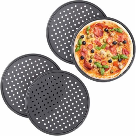 AlwaysHSet of 4 round non-stick perforated pizza plates in Anthracite ...