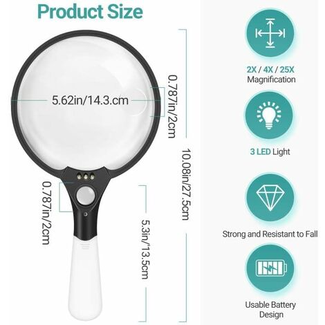 AlwaysHLighted Magnifying Glass, 5.5 Inch Large Magnifier 2x 4x 25x ...
