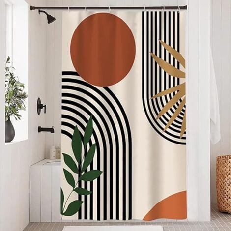 AlwaysH Abstract Shower Curtain Shower Curtain Terracotta Geometric Black Lines Modern Minimalist Bath Curtain Anti Mold Waterproof Washable Polyester Fabric Bath Curtain 120Lx180Hcm