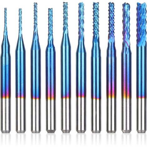 AlwaysH 10Pcs Nano Blue Coat CNC Milling Cutter, 0.8-3mm, 1/8 Shank
