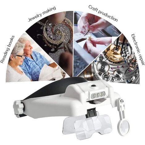 Loupe avec lumière, visière de loupe à montage sur la tête avec 3 LED de loupe de bijoutier, 1X ...