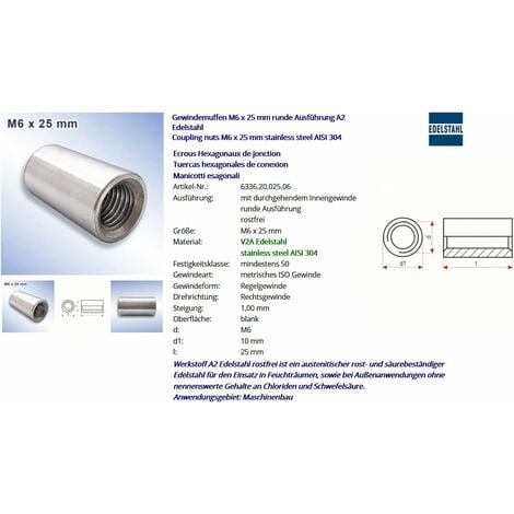 Manchon fileté rond A2 en acier inoxydable - Écrou de raccordement - V2A - Modèle rond M6 M8 M10 ...