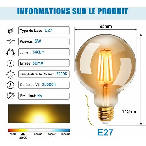Lot de 2 Ampoules LED 6W Edison Vintage G95, Blanc Chaud 2200K E27, Equivalent à Ampoule ...