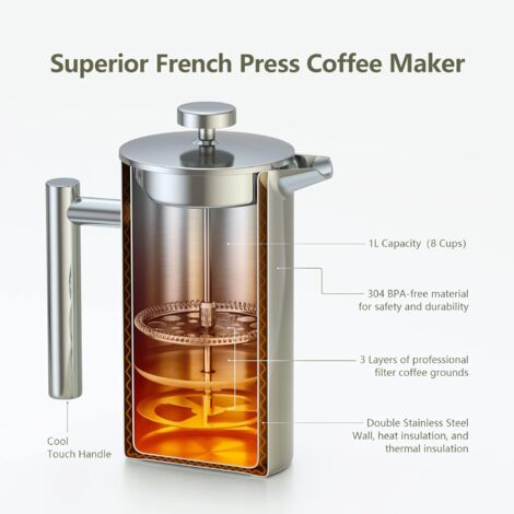 Cafetière à Piston en Acier Inoxydable 1L, Presse française avec Triple ...