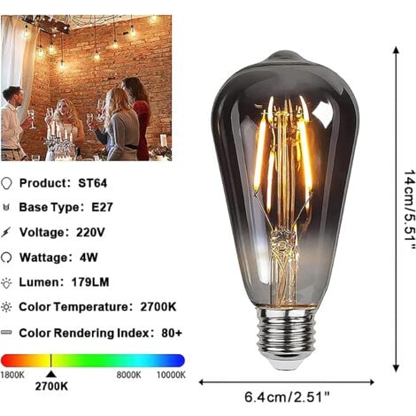 Ampoule Edison,2 Pièces E27 ST64 4W Ampoule LED Vintage Lampe Décorative Ampoules Rétro Filament ...