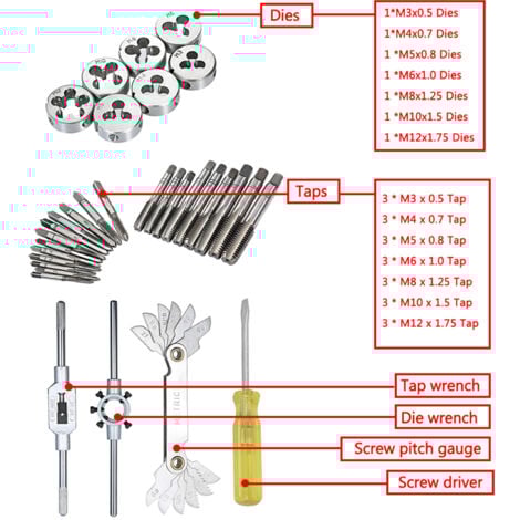 TONYSA Coffret de Tarauds et Filières,32 pièces Kit de Filetage M3-M12 pour la Création et la ...