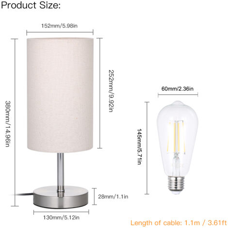 TONYSA Lampe de table cylindrique en tissu, ampoule de 6 watts, lumière ...