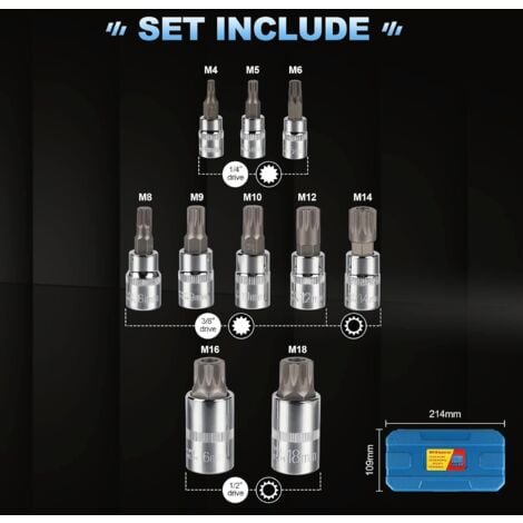 Douille Torx Male 1/2'', 1/4'', 3/8'', Embout Torx 12 Pans M4 M5 M6 M8 ...