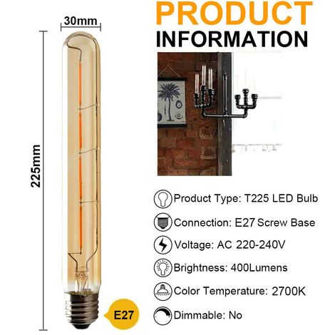 Lot de 5 Ampoules T225 Long Tube, Filament LED Edison, 6W Culot E27 ...
