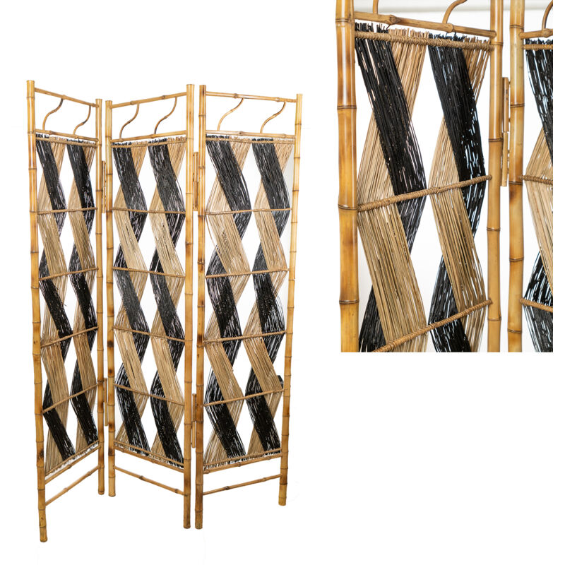 Biombo 3 Partes Fibras Naturales/Negro