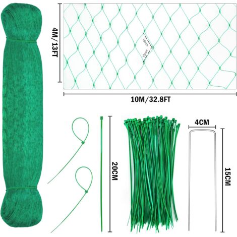 4M x 10M Filet Anti Oiseaux avec 10 Piquets de Jardin en Forme U et 50 Attaches Câble, Vert ...