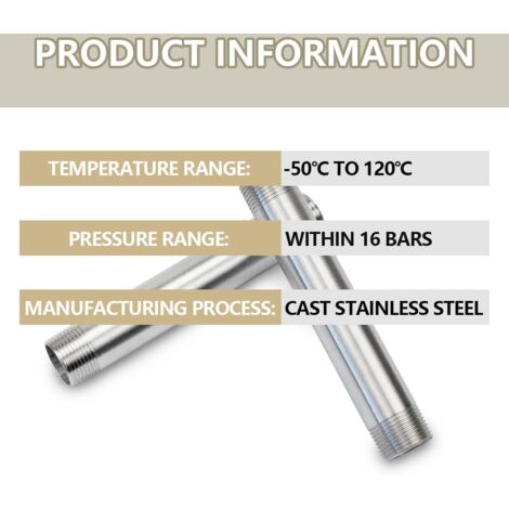 2 Pcs 150MM 3/4" mâle × 3/4" mâle filetage BSP Acier inoxydable 304 ...