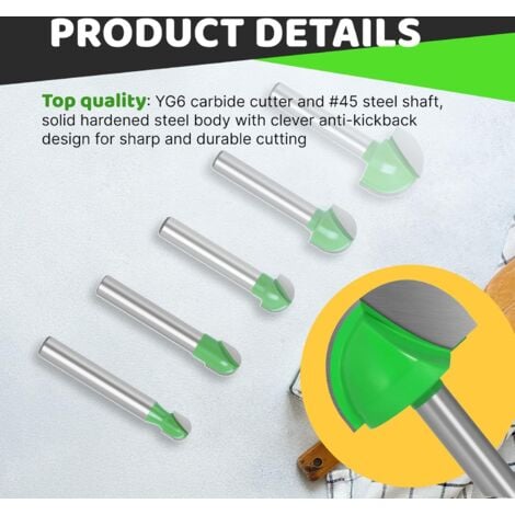 5pcs fraise defonceuse 6mm, fraise a fond rond bois, fraises pour défonceuses, fraise a bois ...