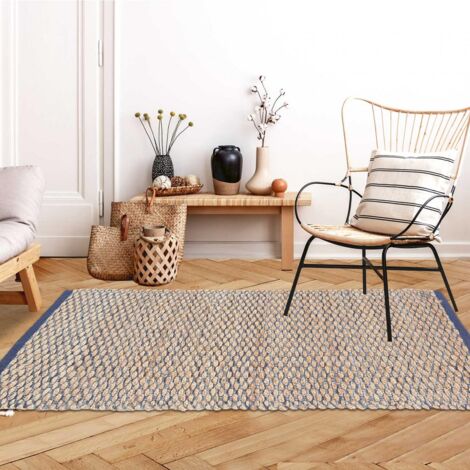 Tapis jute fait main 65x135 orange et bleu motif uni KALIC