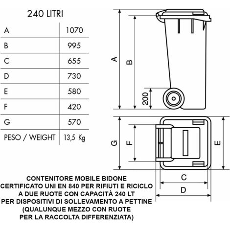 Bidone carrellato giallo per la raccolta differenziata rifiuti 240 Lt ...