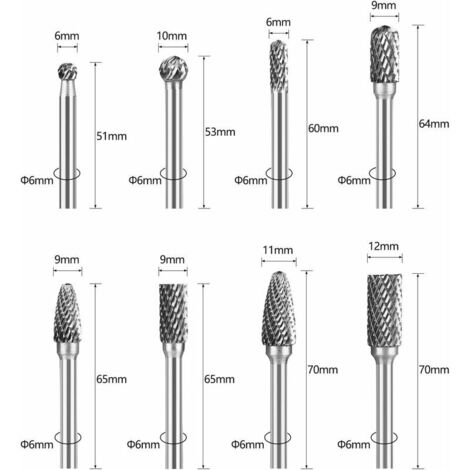 Fraises Rotatives en Carbure - Double Coupe de Tungstène, 8 Pièces