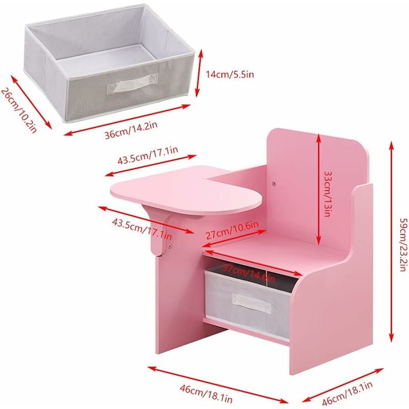 Kids Chair Desk with Storage Basket Kids Chair with Table Attached Children Deskchair Small Training Chair with Writing Pad for Home Classroom Pink