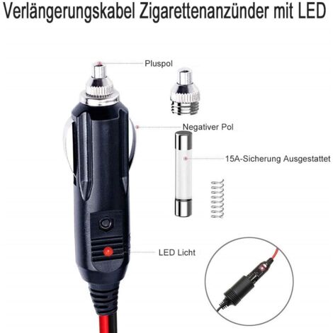 Rallonge allume-cigare 12 V - 3,1 m - Avec fusible - Étanche à la ...