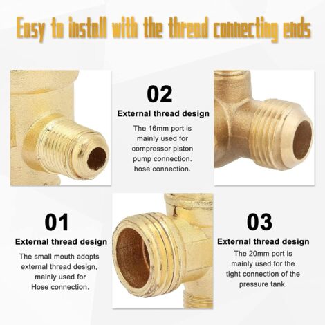 Lot de 2 vannes anti-retour 3 voies avec filetage extérieur (20 × 16 × 10 mm) 3 voies en laiton ...