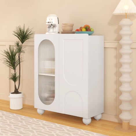 Buffet blanc, commode avec porte en verre trempé et étagères réglables ...