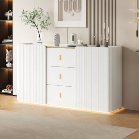 Buffet blanc avec éclairage LED, 2 portes, 3 tiroirs, pour salon