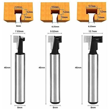 8mm Fraise en Rainure en T, Routeur à Rainure en T Forme Routeur Bits, 3Pcs (7.93/9.52/12.7mm ...