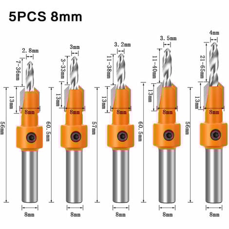 8mm Shank Countersink Drill Bit Set with Stop Collars Woodworking ...