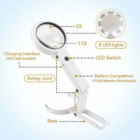 Loupe eclairante à Main sur Pied 5X 11X avec lumière 8 LED, loupe de Lecture, loupe de Table ...