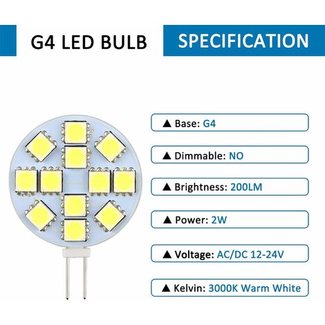 Ampoule LED G4 2W, AC/Dc12V, blanc chaud, ampoule halogène 20W, non ...