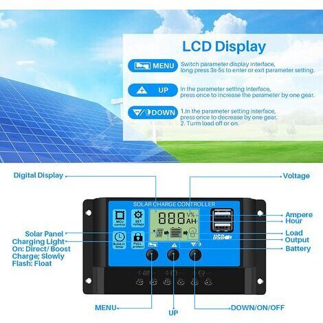 30A 12V/24V Contrôleur de Charge Régulateur Panneau Solaire de Batterie Intelligent avec 5V ...