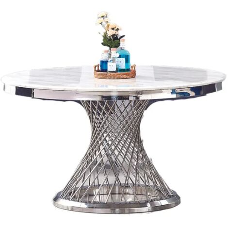 Table Repas ronde DELUXE Chrome verre effet Marbre Blanc D130 cm
