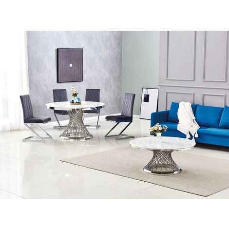 Table Repas ronde DELUXE Chrome verre effet Marbre Blanc D130 cm
