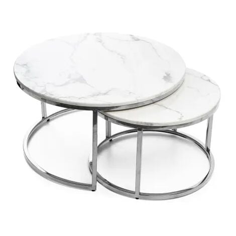 Lot de 2 tables basses Gigogne ARTO Inox verre effet Marbre Blanc