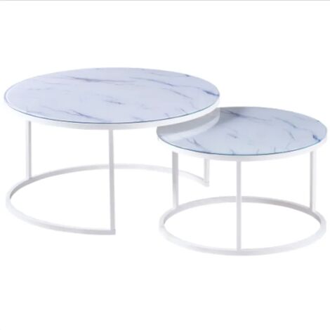 Lot de 2 tables basses Gigogne ARTO Inox verre effet Marbre Blanc