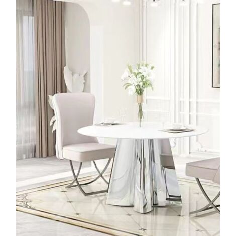 Table repas ronde CAPUCINE Chrome et verre effet Marbre blanc D130cm