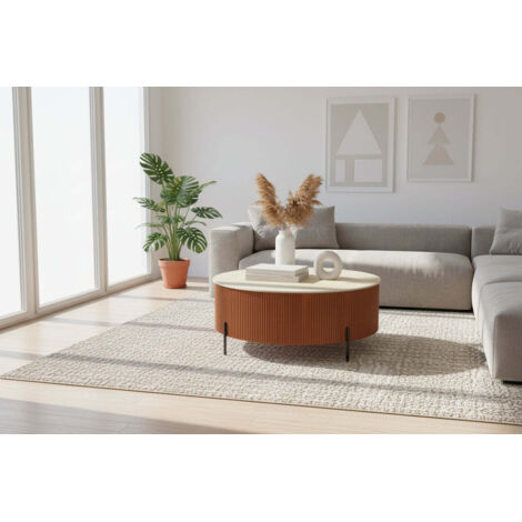 Table Basse RUBY Ronde Plateau Céramique Effet Travertin Noisette Pied ...