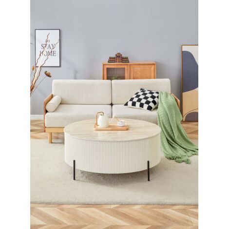 Table Basse RUBY Ronde Plateau Céramique Effet Travertin Beige Pied ...