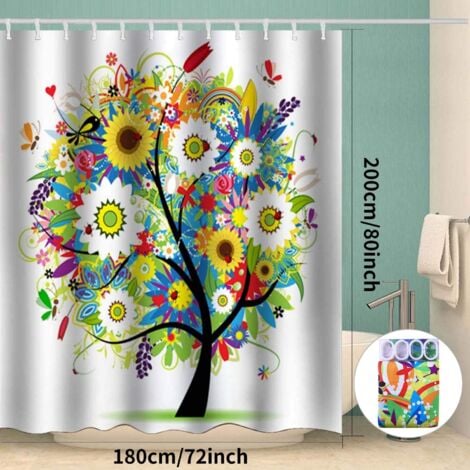 Waterproof Shower Curtain Anti Mold Made of 100 Polyester Fabric Bathroom Curtain with 12 Rings Multicolor Tree and Floral Print 180x200cm