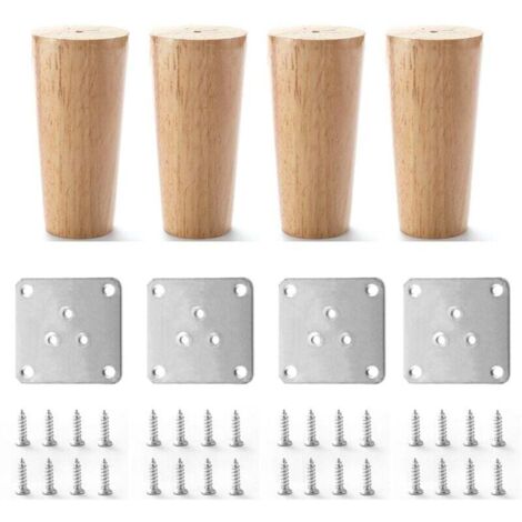 4x 10cm Solid Wood Furniture Legs with Mounting Plate and Screws for ...