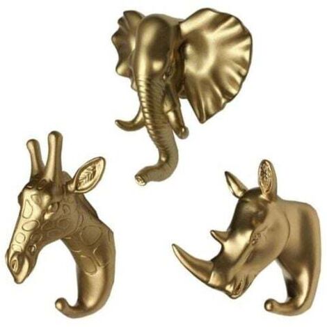 Set of 3 wall hooks with rhino, giraffe, and elephant heads, animal ...