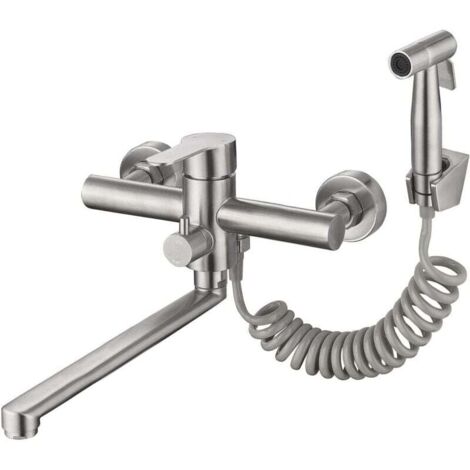 Brushed Nickel Wall Mount Kitchen Faucet with Side Sprayer - Commercial ...
