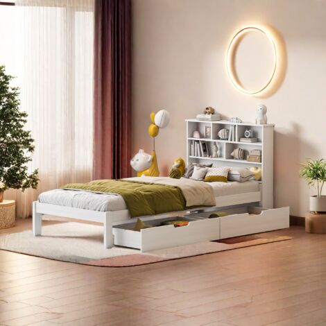 Lit enfant 90x200cm avec tiroirs,lit simple avec rangement,étagères de ...